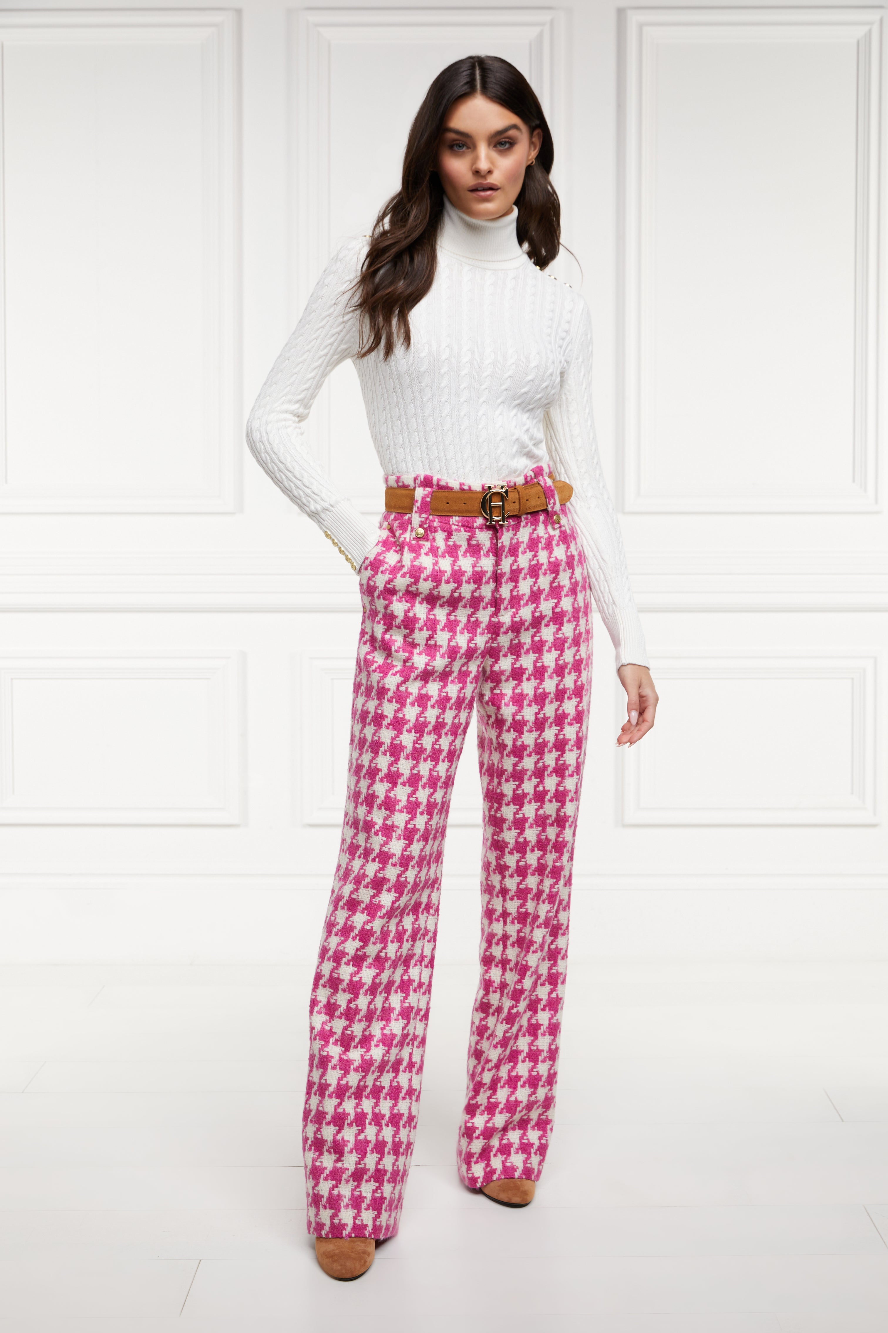 High Waisted Straight Trouser (Hot Pink Large Scale Houndstooth ...