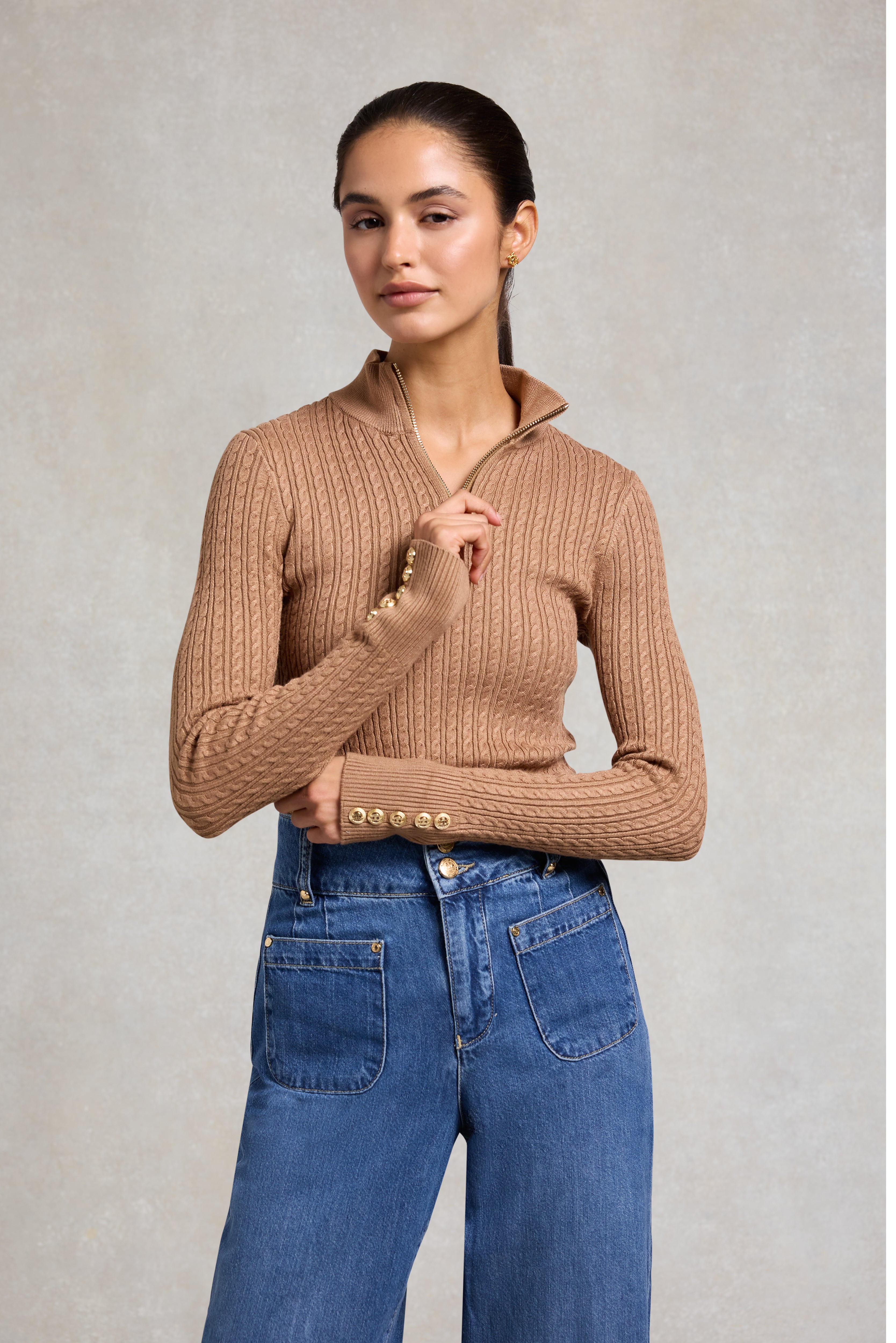 Ava Quarter Zip Knit (Dark Camel Marl) – Holland Cooper