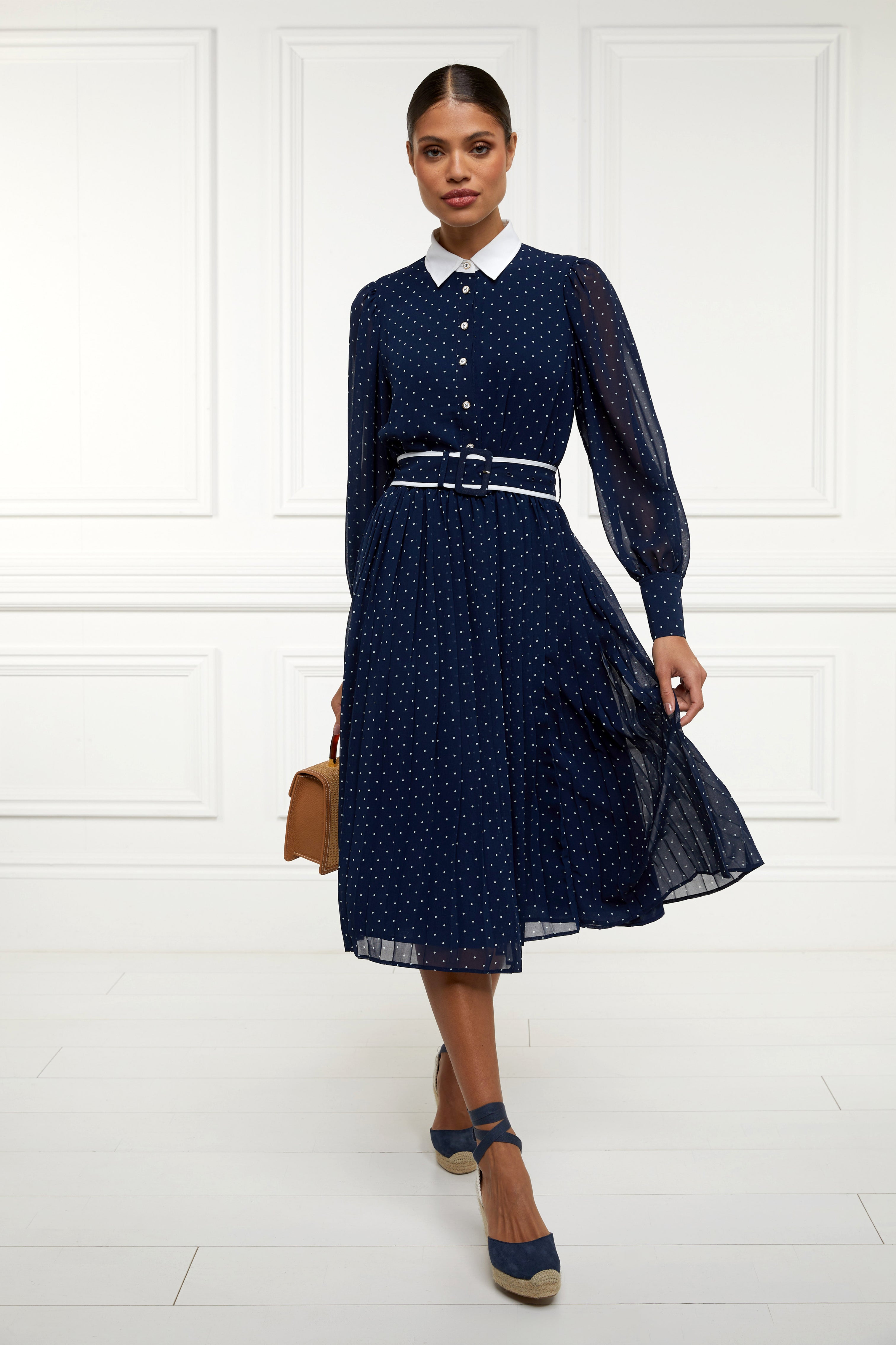 Annabel Pleated Midi Dress (Ink Navy Polka Dot) – Holland Cooper