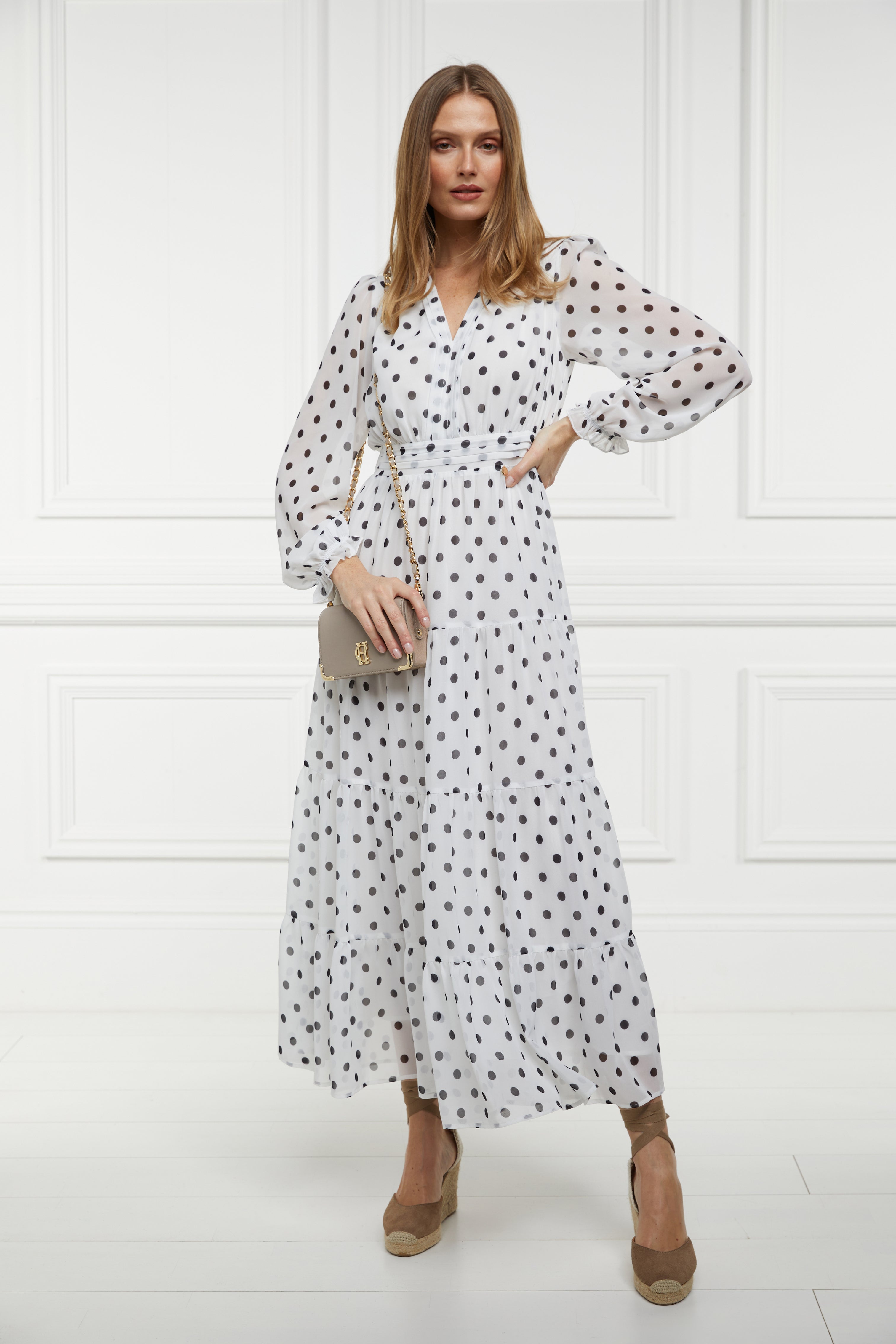Bella Tiered Maxi Dress (White Black Polka Dot) – Holland Cooper