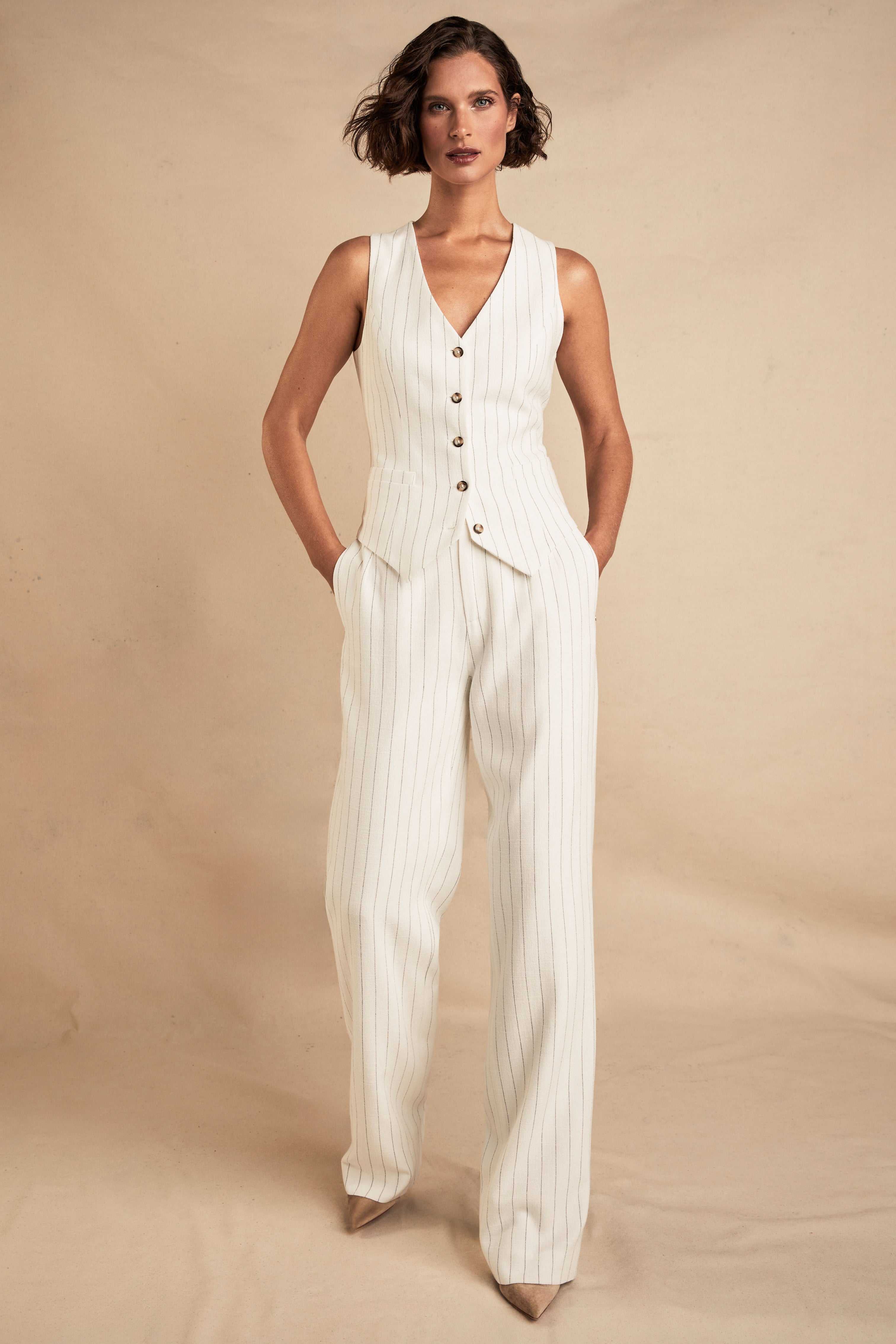 High Waisted Straight Trouser (Oyster Linen Pinstripe) – Holland Cooper