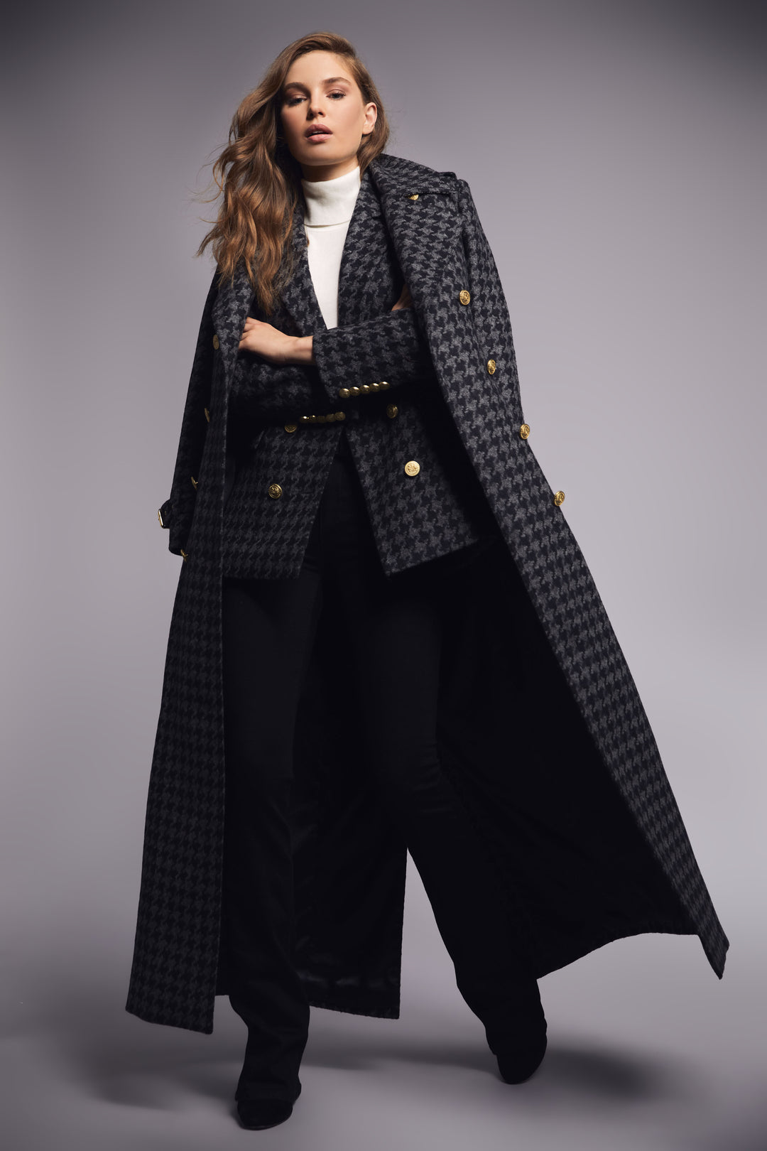 Full Length Chelsea Trench Coat (Large Scale Charcoal Houndstooth ...