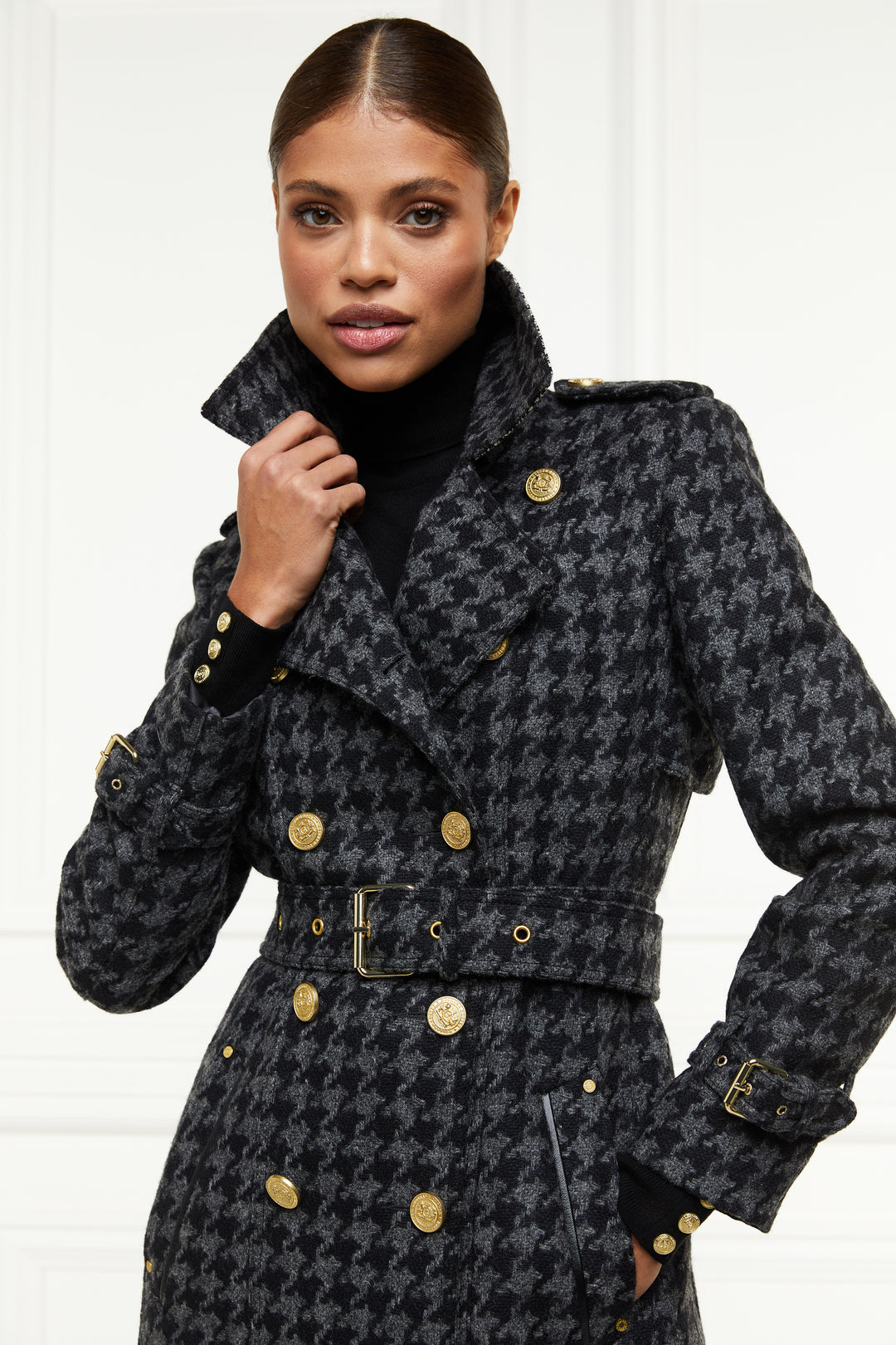 Full Length Chelsea Trench Coat (Large Scale Charcoal Houndstooth ...